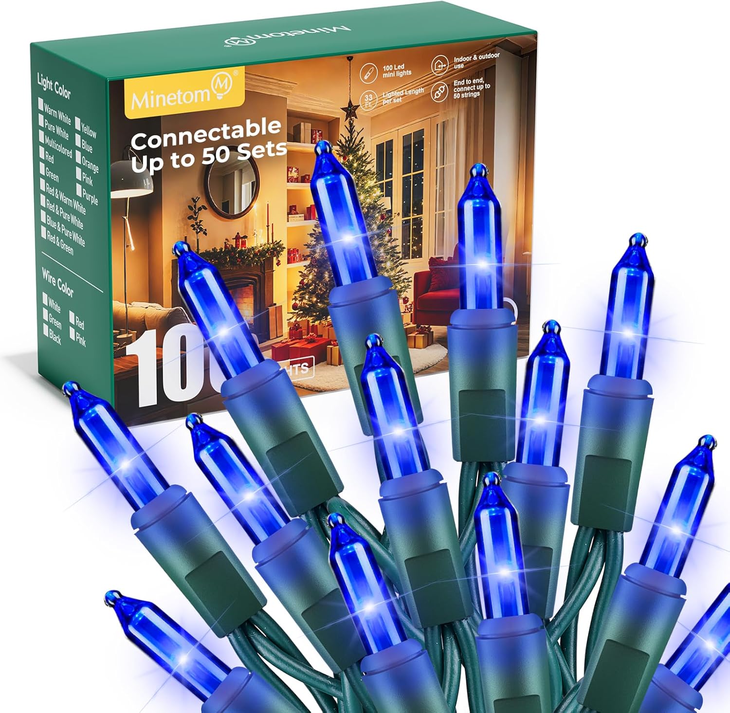 33ft 100 Count Blue Incandescent Bulbs Mini String Lights for Christma ...